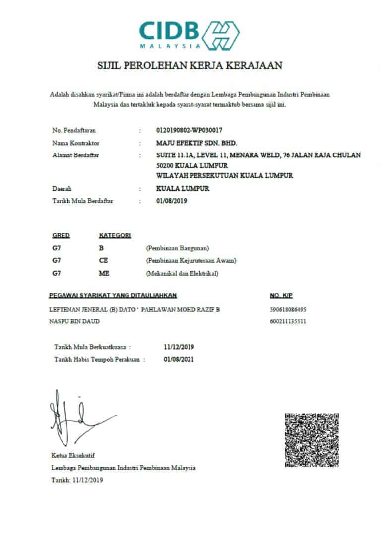 CIDB SIJIL PEROLEHAN - Maju Efektif Sdn Bhd